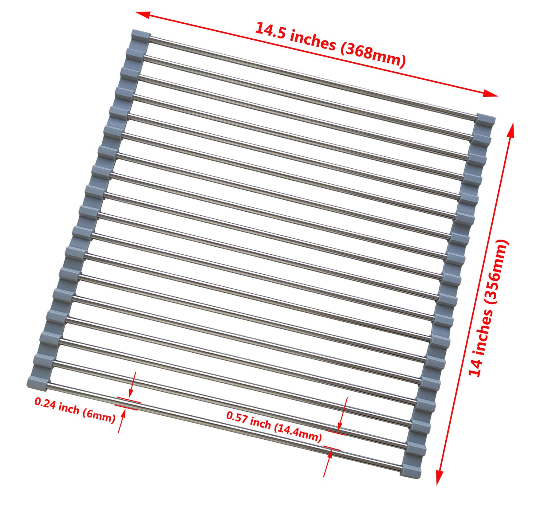 Roll Up Dish Drying Rack 14.5β(L) x 14β(W) Stainless Steel and Silicone Dish Drying Mat Over The Kitchen Sink Foldable Drain Rack Multipurpose Dish Drainer Fruits and Vegetable Rinser (Gray)