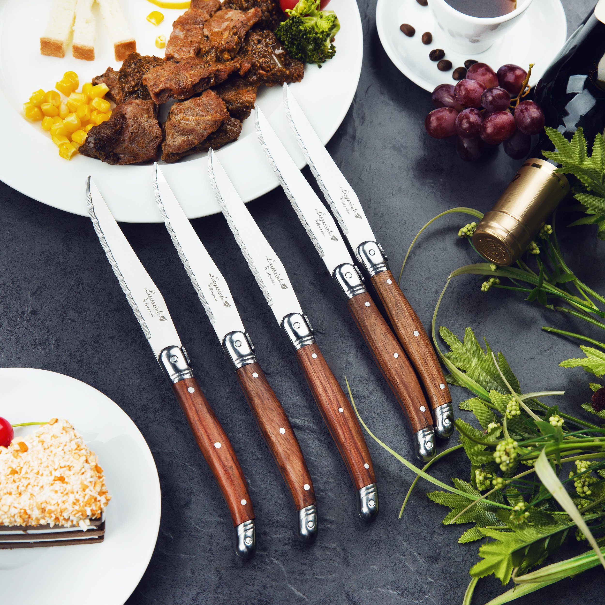 FLYINGCOLORS Laguiole Laguiole Steak Knife Set Stainless Steel Wood Handle,8 Pieces.