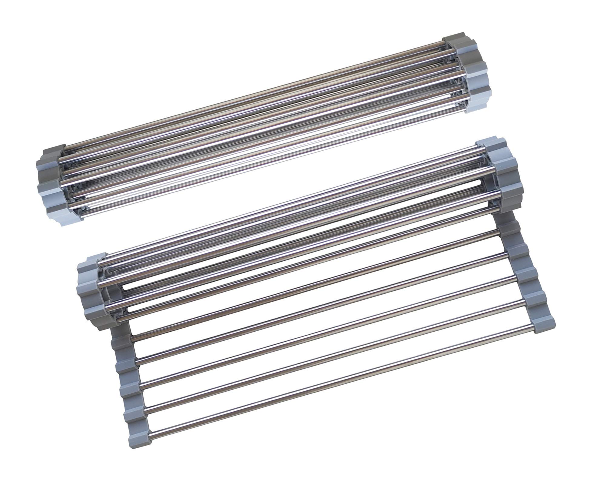Roll Up Dish Drying Rack 14.5β(L) x 14β(W) Stainless Steel and Silicone Dish Drying Mat Over The Kitchen Sink Foldable Drain Rack Multipurpose Dish Drainer Fruits and Vegetable Rinser (Gray)
