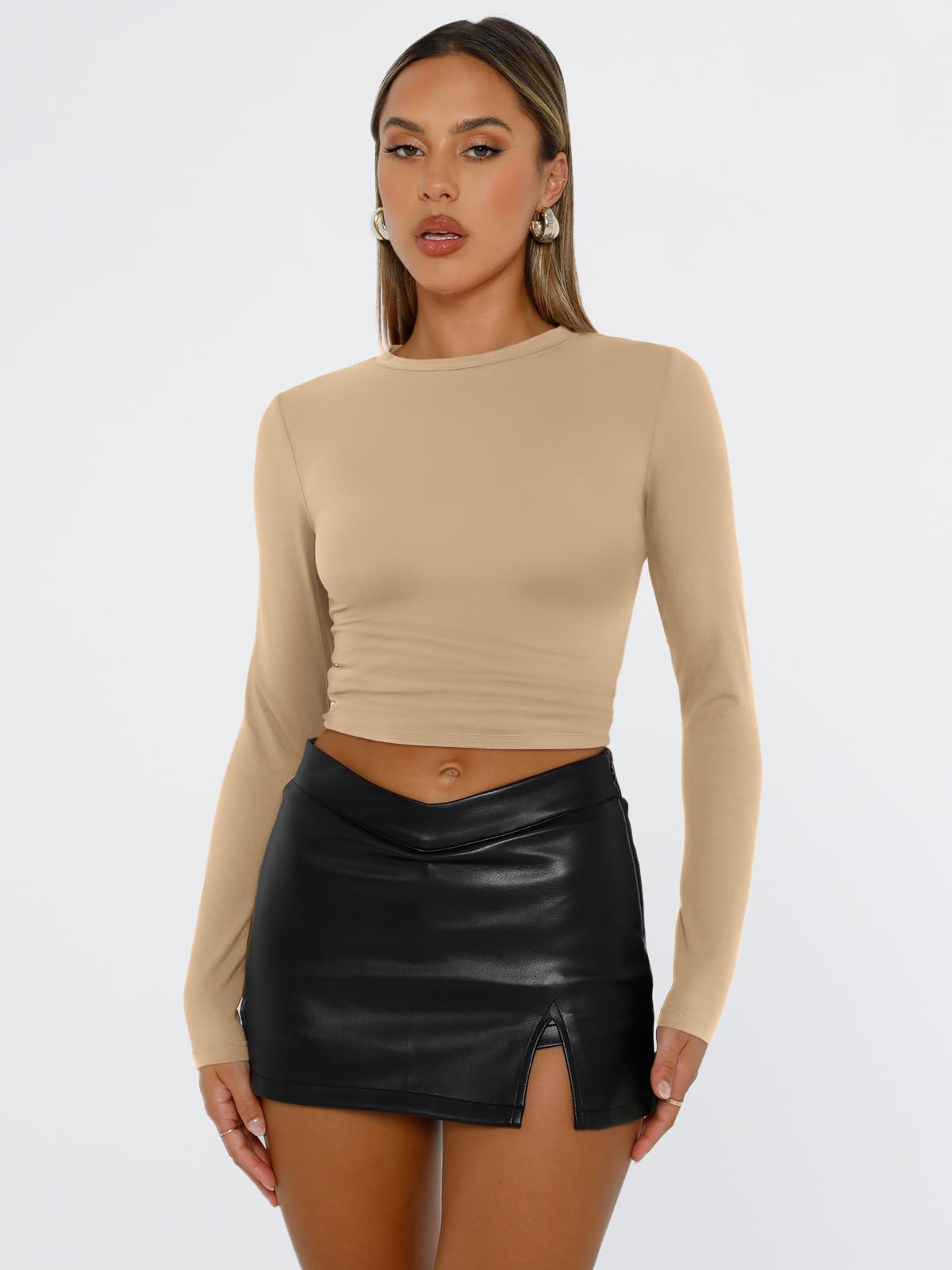 Trendy Queen Womens Long Sleeve Shirts Basic Tees Crop Tops Going Out Spring 2025 Workout Outfits Y2k Clothes Khaki L