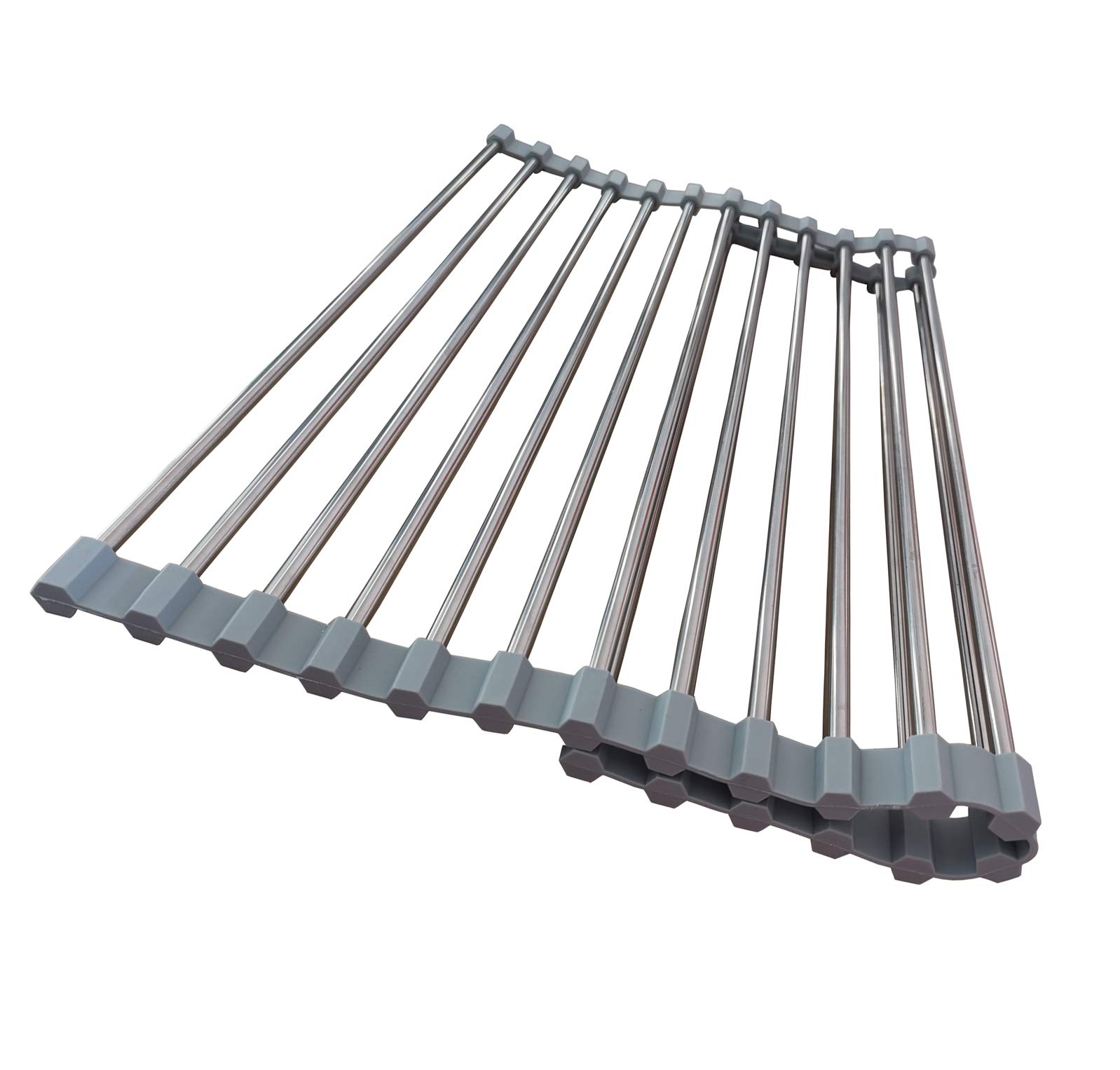 Roll Up Dish Drying Rack 14.5β(L) x 14β(W) Stainless Steel and Silicone Dish Drying Mat Over The Kitchen Sink Foldable Drain Rack Multipurpose Dish Drainer Fruits and Vegetable Rinser (Gray)