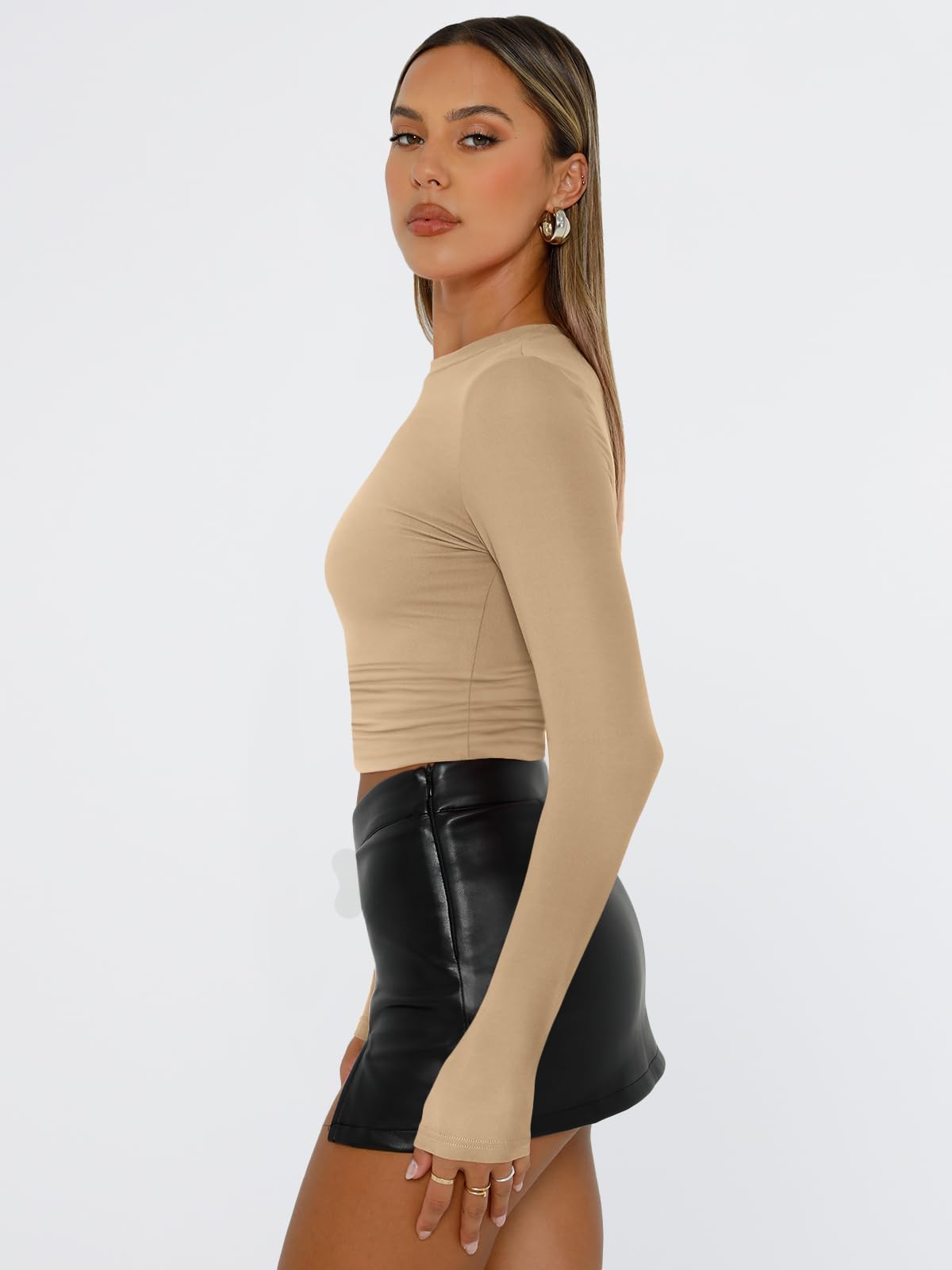 Trendy Queen Womens Long Sleeve Shirts Basic Tees Crop Tops Going Out Spring 2025 Workout Outfits Y2k Clothes Khaki L