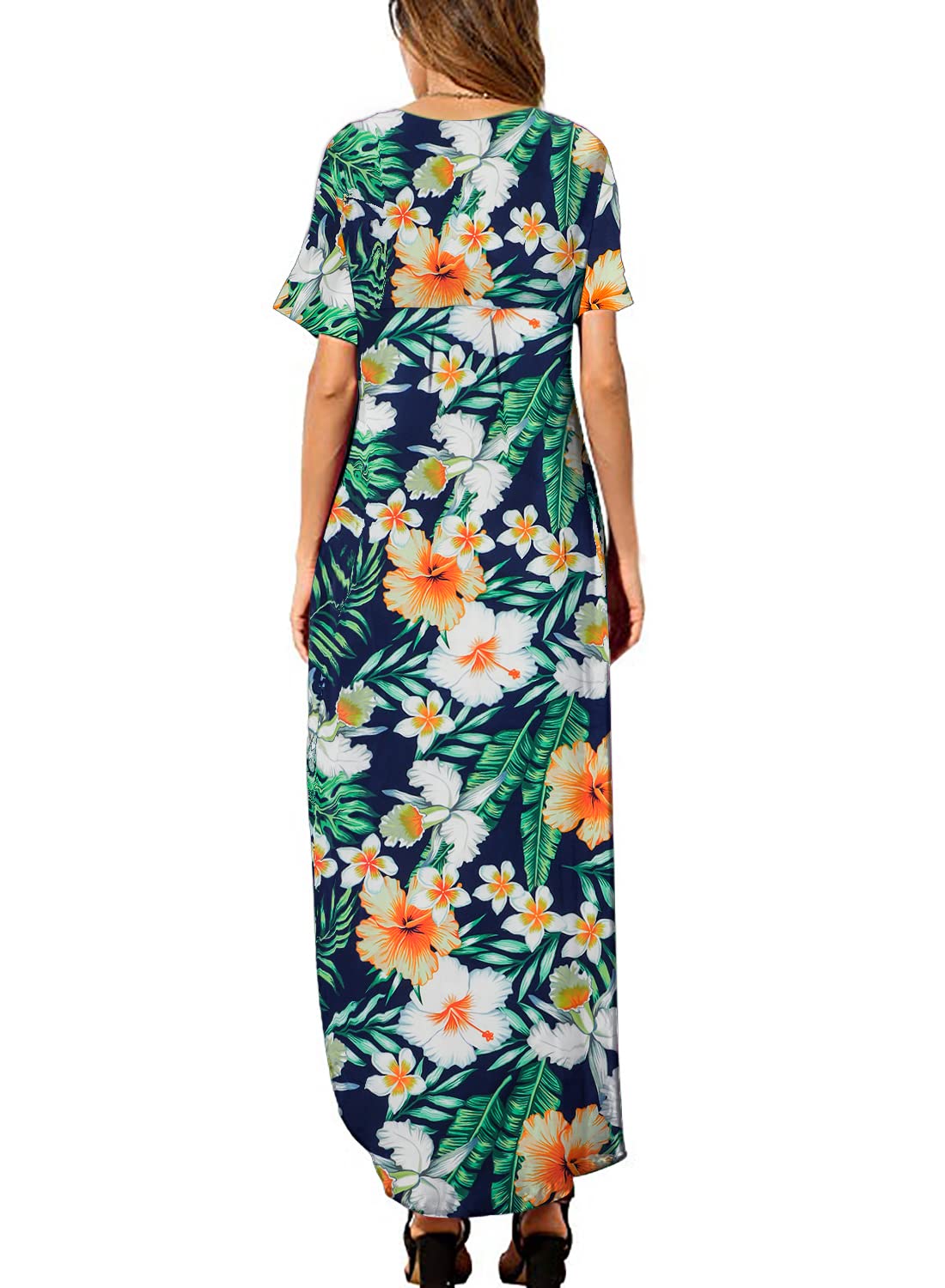 HUSKARY Sun Dresses for Women 2025 Vacation Summer Beach Vacation Flowy Derss Floral Print Boho Dresses with Pockets 2025 Boho Navy XX-Large
