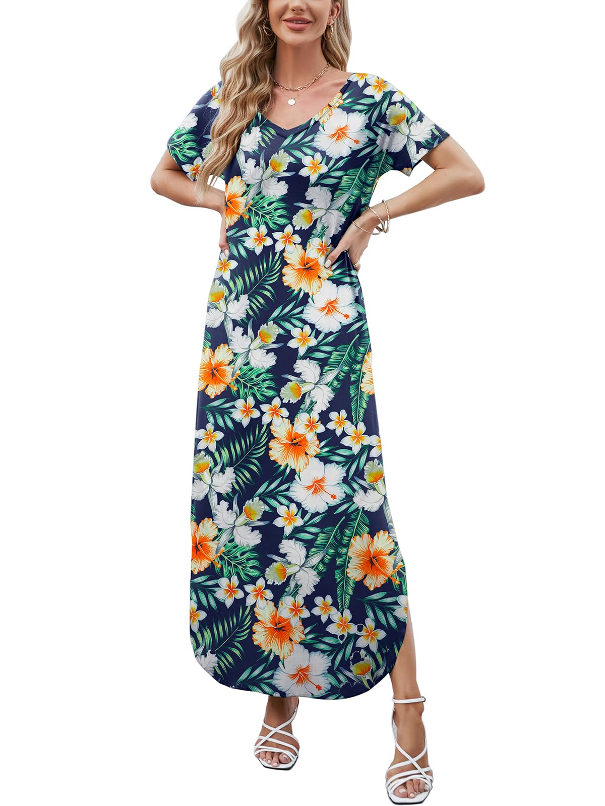 HUSKARY Sun Dresses for Women 2025 Vacation Summer Beach Vacation Flowy Derss Floral Print Boho Dresses with Pockets 2025 Boho Navy XX-Large