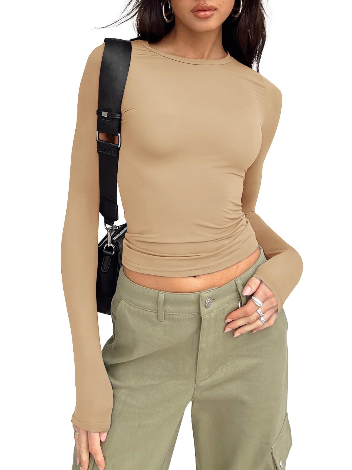 Trendy Queen Womens Long Sleeve Shirts Basic Tees Crop Tops Going Out Spring 2025 Workout Outfits Y2k Clothes Khaki L