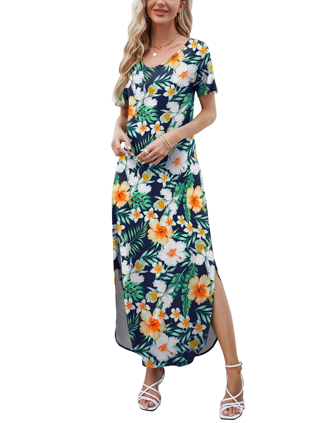 HUSKARY Sun Dresses for Women 2025 Vacation Summer Beach Vacation Flowy Derss Floral Print Boho Dresses with Pockets 2025 Boho Navy XX-Large