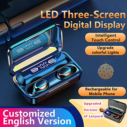 Kuhxz True Wireless Touch Control Bluetooth 5.0 Headphones, 3D Stereo Deep Bass in-Ear Headset w/Mic, IPX6 Waterproof Earphones for Sports, 180H Playtime w/Digital Display Charging Case