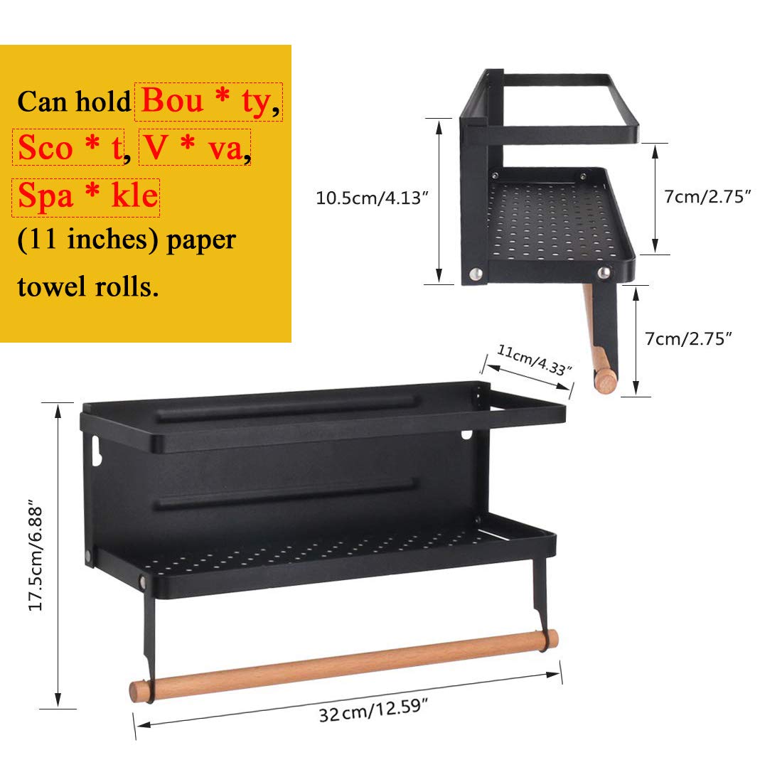 Mukkuri Magnetic Paper Towel Holder Spice Rack for Refrigerator with Hooks,Black