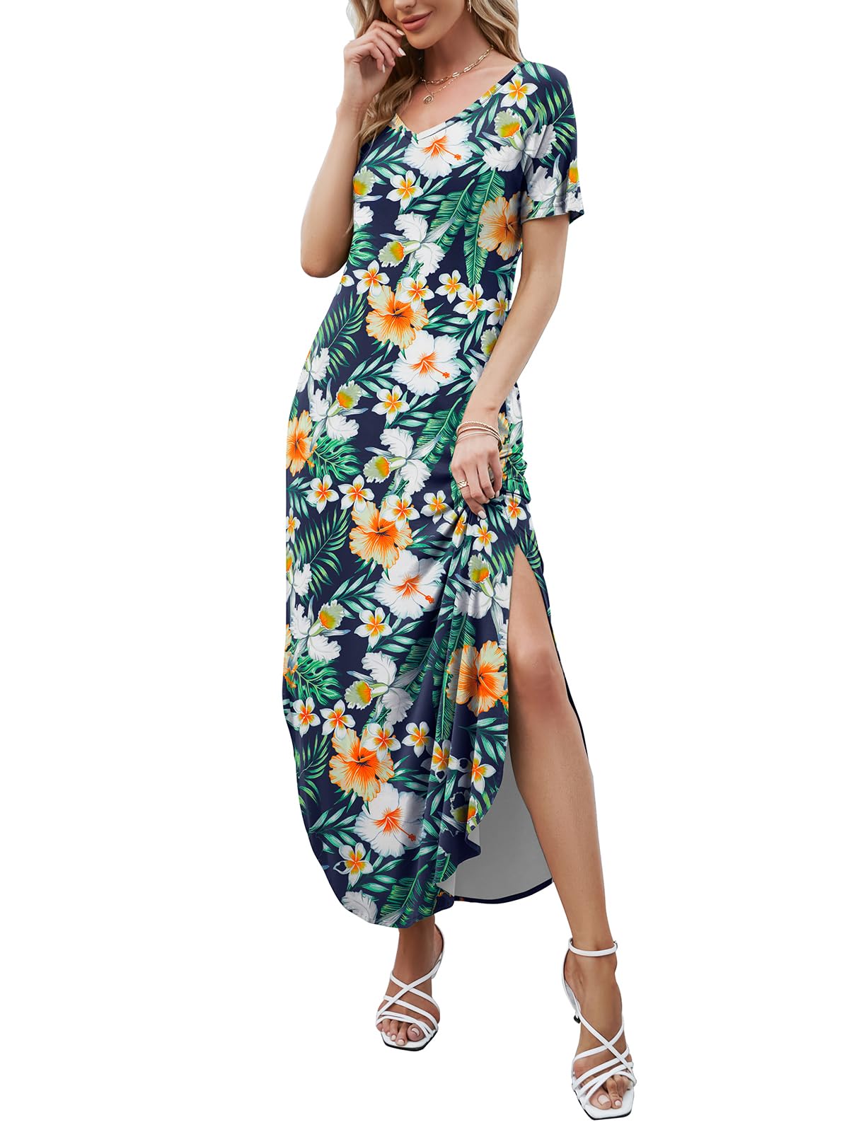 HUSKARY Sun Dresses for Women 2025 Vacation Summer Beach Vacation Flowy Derss Floral Print Boho Dresses with Pockets 2025 Boho Navy XX-Large