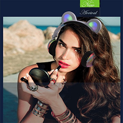 GZCRDZ Kids Headphones Bear Ear-Inspired USB Rechargeable LED Backlight,Wired On/Over Ear Gaming Headsets 85dB Volume Limited for Girls,Boys,Compatible for Kids Tablet,iPad,iPhone,Android,PC(Black)