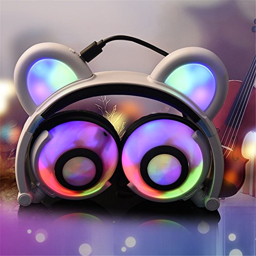 GZCRDZ Kids Headphones Bear Ear-Inspired USB Rechargeable LED Backlight,Wired On/Over Ear Gaming Headsets 85dB Volume Limited for Girls,Boys,Compatible for Kids Tablet,iPad,iPhone,Android,PC(Black)