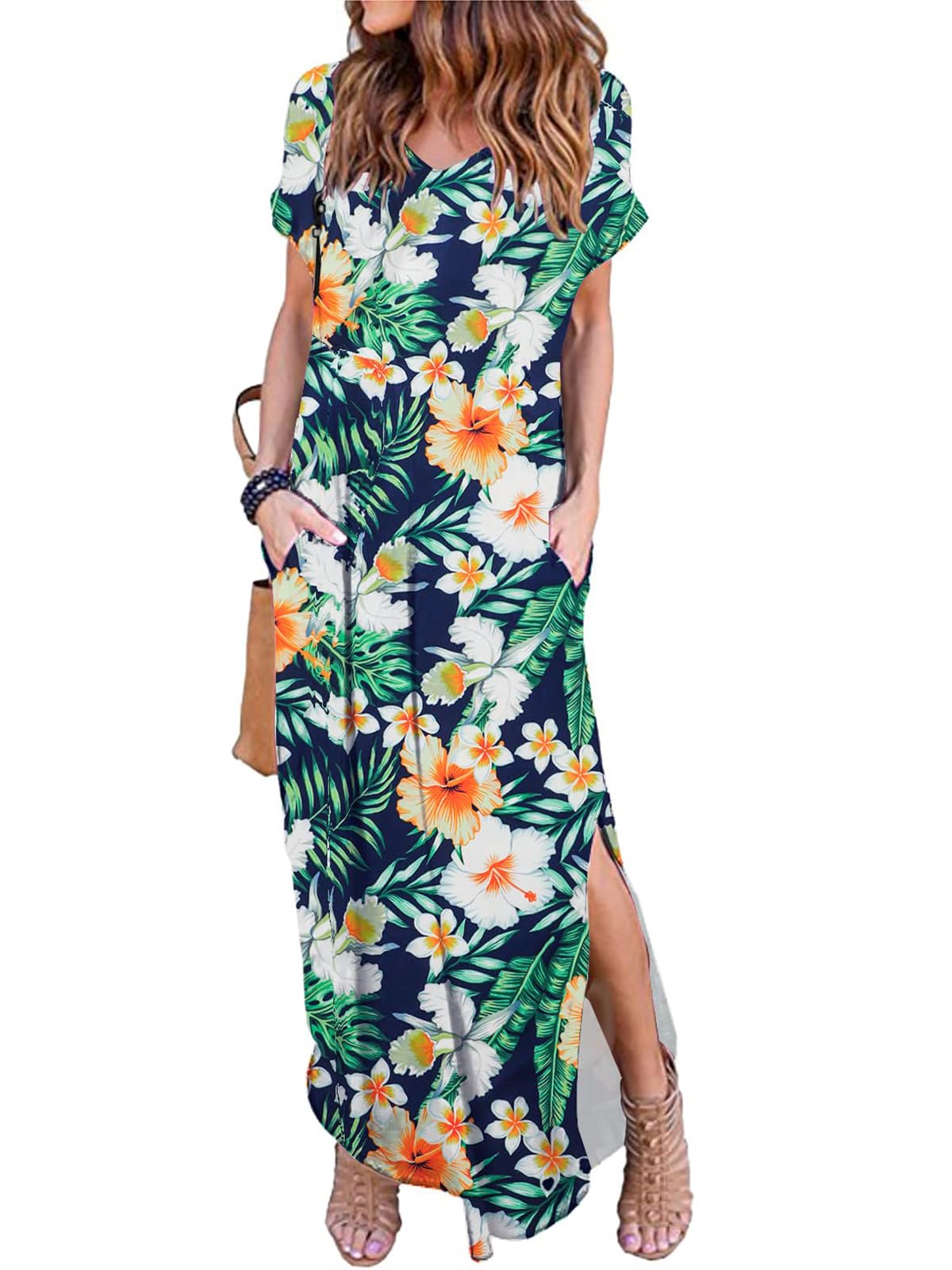 HUSKARY Sun Dresses for Women 2025 Vacation Summer Beach Vacation Flowy Derss Floral Print Boho Dresses with Pockets 2025 Boho Navy XX-Large