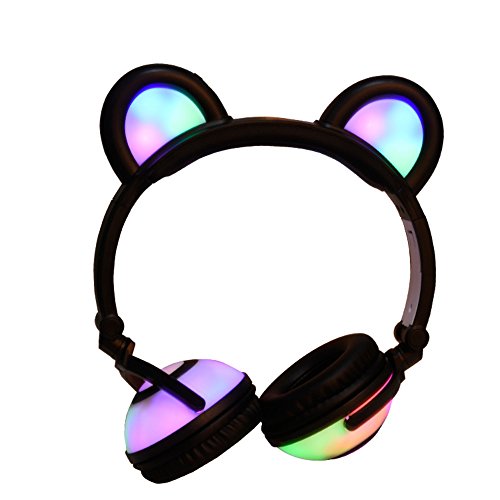 GZCRDZ Kids Headphones Bear Ear-Inspired USB Rechargeable LED Backlight,Wired On/Over Ear Gaming Headsets 85dB Volume Limited for Girls,Boys,Compatible for Kids Tablet,iPad,iPhone,Android,PC(Black)