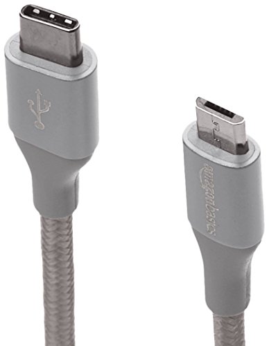 Amazon Basics Double Braided Nylon USB Type-C to Micro-B 2.0 Male Charger Cable | 1 foot, Silver