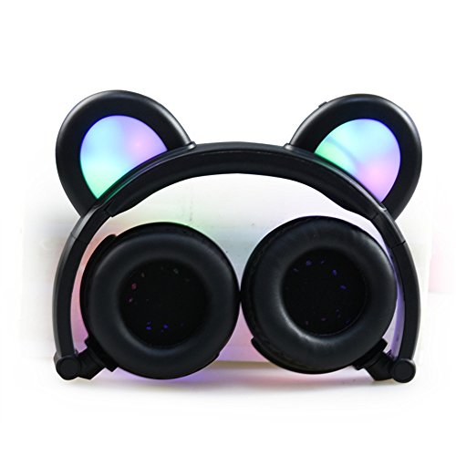 GZCRDZ Kids Headphones Bear Ear-Inspired USB Rechargeable LED Backlight,Wired On/Over Ear Gaming Headsets 85dB Volume Limited for Girls,Boys,Compatible for Kids Tablet,iPad,iPhone,Android,PC(Black)