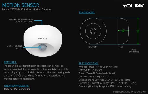 YoLink Motion Sensor, 1/4 Mile Long Range Smart Home Indoor Wireless Motion Detector Sensor Works with Alexa, IFTTT, and Home Assistant. Movement Detector App Alerts Remote Monitor-YoLink Hub Required