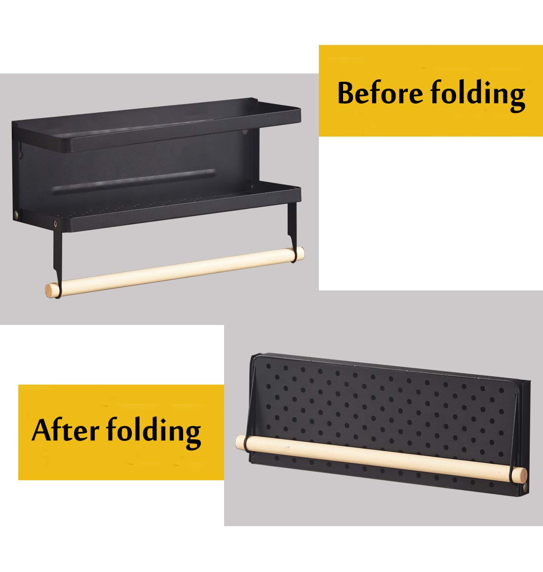 Mukkuri Magnetic Paper Towel Holder Spice Rack for Refrigerator with Hooks,Black