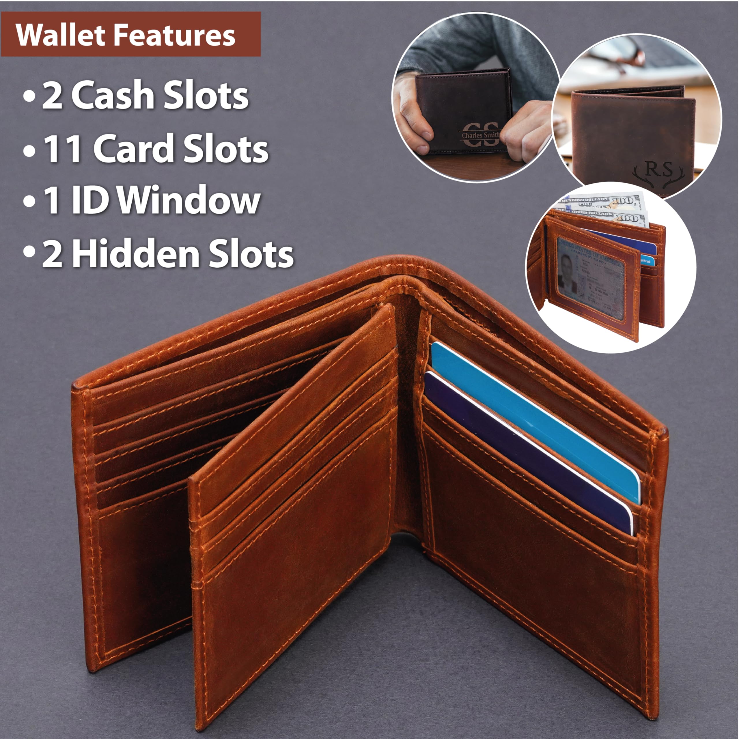 Personalized Leather Wallet for Men, Christmas for Men,Him, Custom Name Wallets, Customazible Gift for Husband, Dad, Boyfriend, Him, Men Gifts for Anniversary, Birthday, Wedding, Fathers Day
