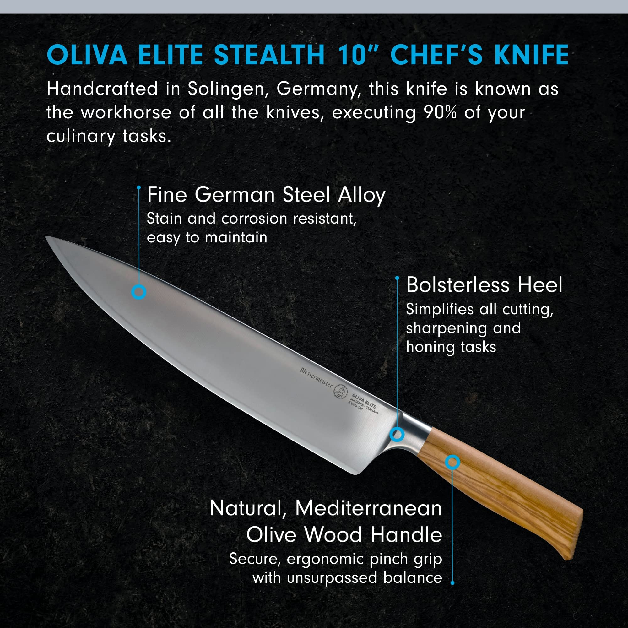 Messermeister Oliva Elite Stealth 10” Chef’s Knife - Fine German Steel Alloy Blade & Natural Mediterranean Olive Wood Handle - Rust Resistant & Easy to Maintain