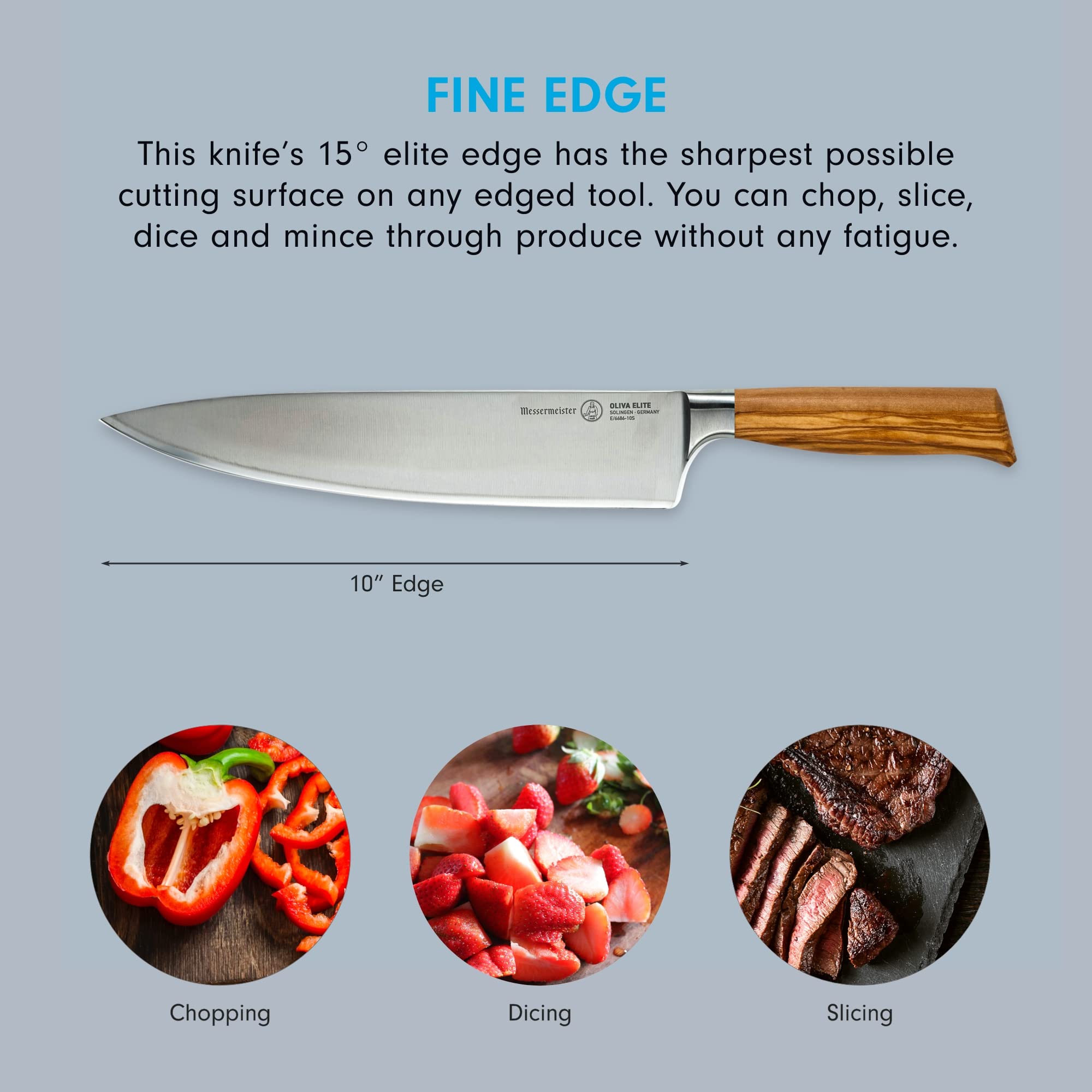 Messermeister Oliva Elite Stealth 10” Chef’s Knife - Fine German Steel Alloy Blade & Natural Mediterranean Olive Wood Handle - Rust Resistant & Easy to Maintain