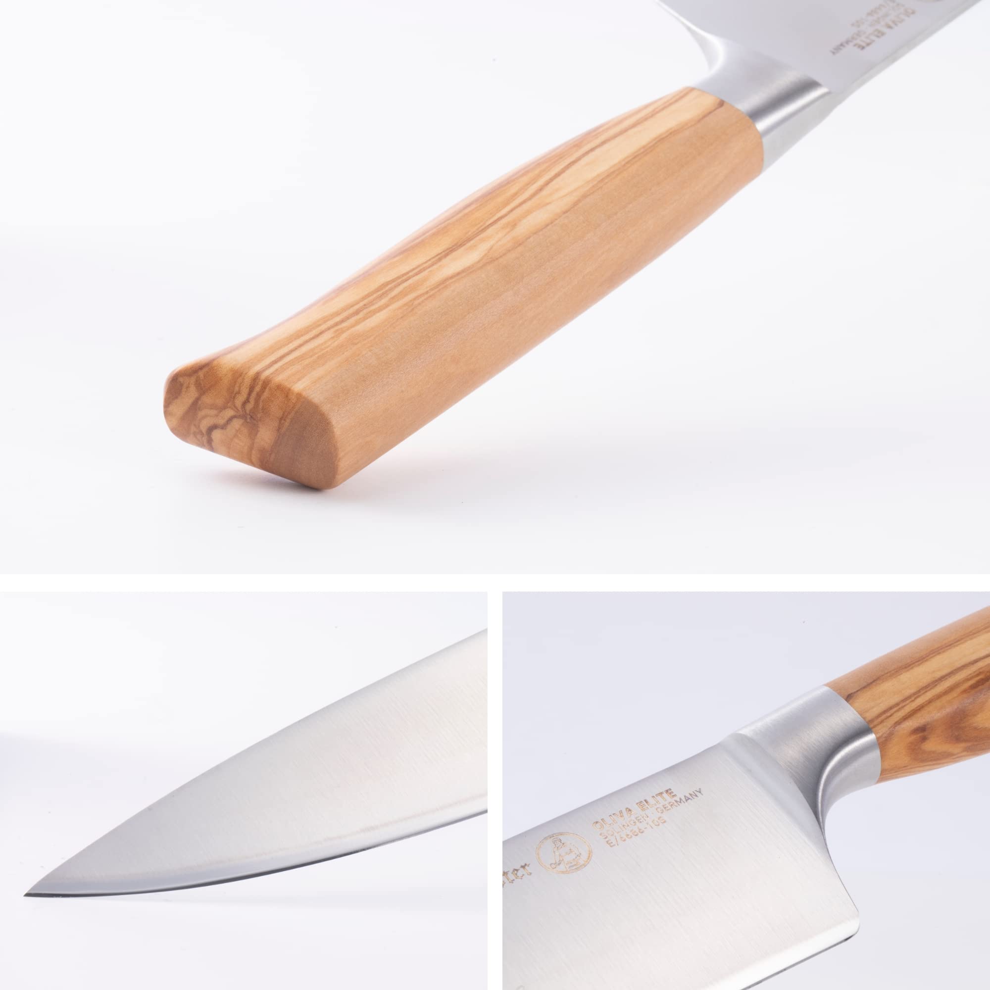 Messermeister Oliva Elite Stealth 10” Chef’s Knife - Fine German Steel Alloy Blade & Natural Mediterranean Olive Wood Handle - Rust Resistant & Easy to Maintain