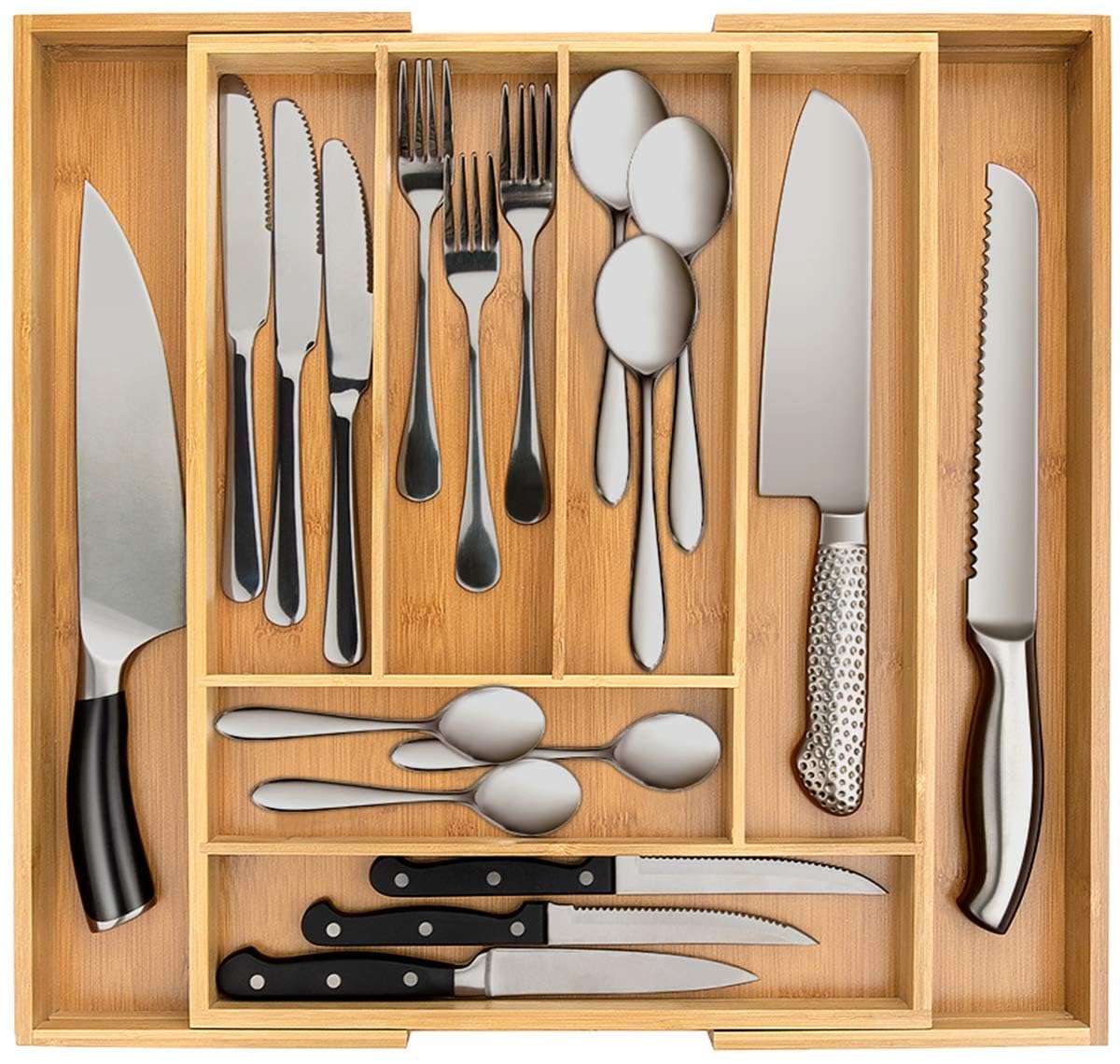 Realm Bamboo Deep Expandable Silverware Organizer | Neatly Stow Cutlery and Utensils in this 6 to 8 Compartment Flatware Tray | Designed For Better Kitchen Drawer Organization | Natural Color Holder
