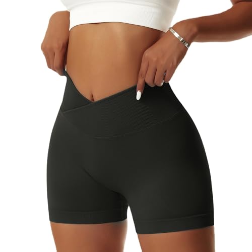 Vertvie Women's Workout Gym Shorts Booty V Cross Spandex Yoga Biker Shorts Scrunch Butt High Waisted Athletic Leggings (Black,Medium)