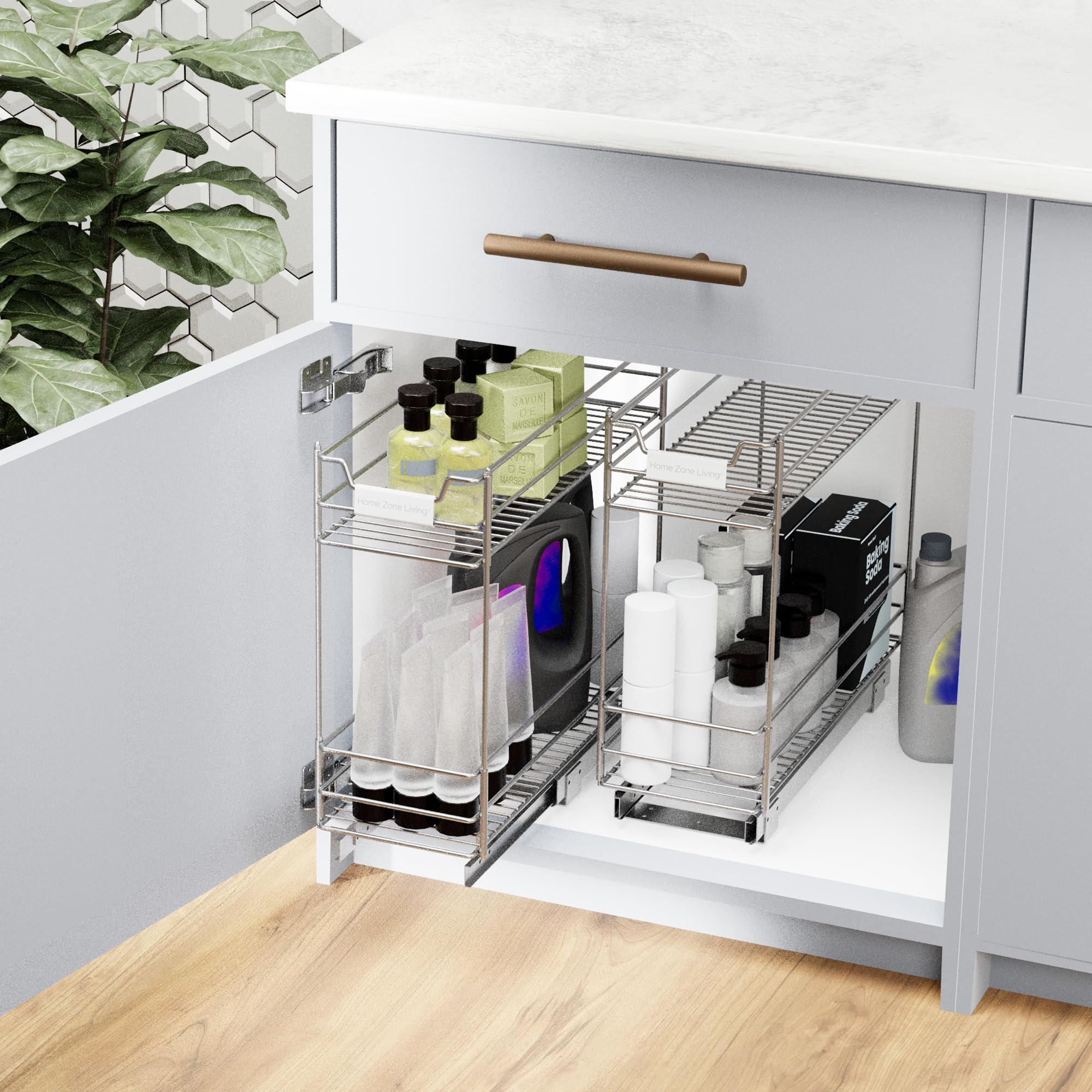 Home Zone Living Pull Out Kitchen Cabinet Organizer with Two Tiers of Storage, 7” W x 20” D