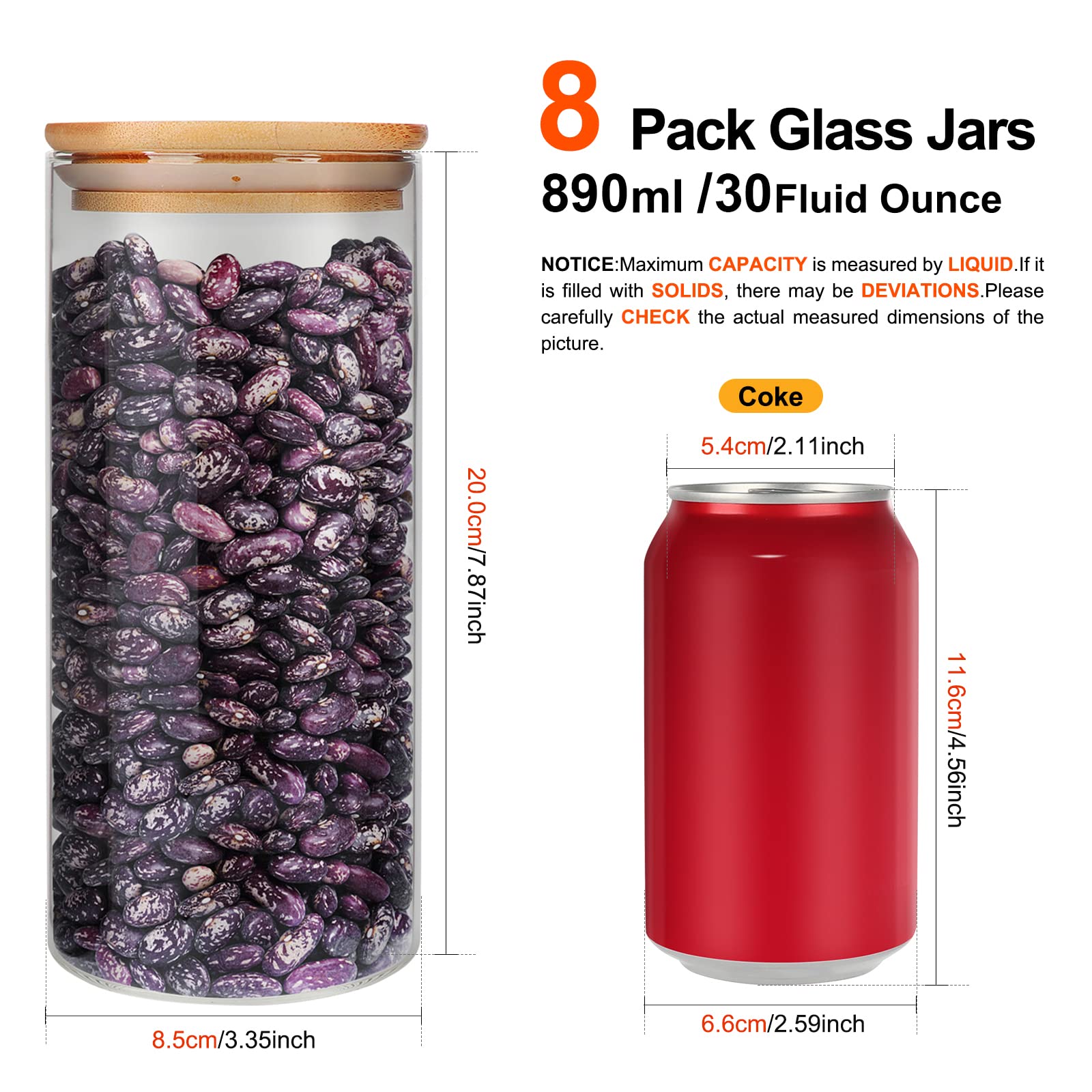 Glass Food Storage Containers Jars with Airtight Bamboo Lid 30oz 8pcs, 890ml Pantry Organization Jar, Glass Terrarium with Lid, Spice, Tea, Flour and Sugar Container, Canister Set for Kitchen Counter