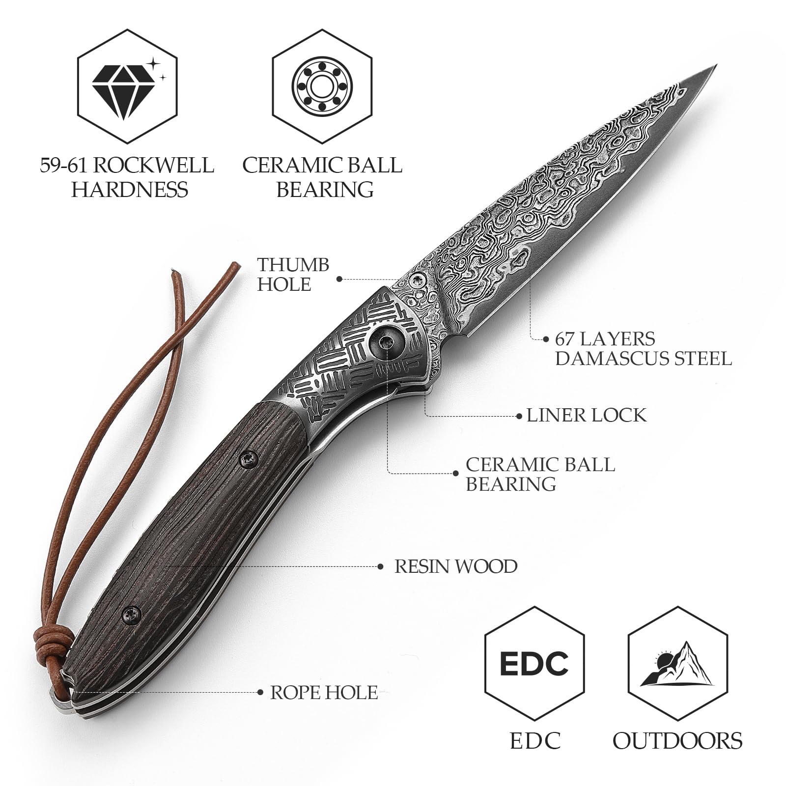 TRIVISA 3.15" Handmade Damascus Folding Pocket Knife,EDC Knives Gift for Men,Tree Texture Ebony wood Handle,Ceramic Bearings,Thumb Stud, Steel Bolster, Liner Lock.Piscis Austrinus-01E