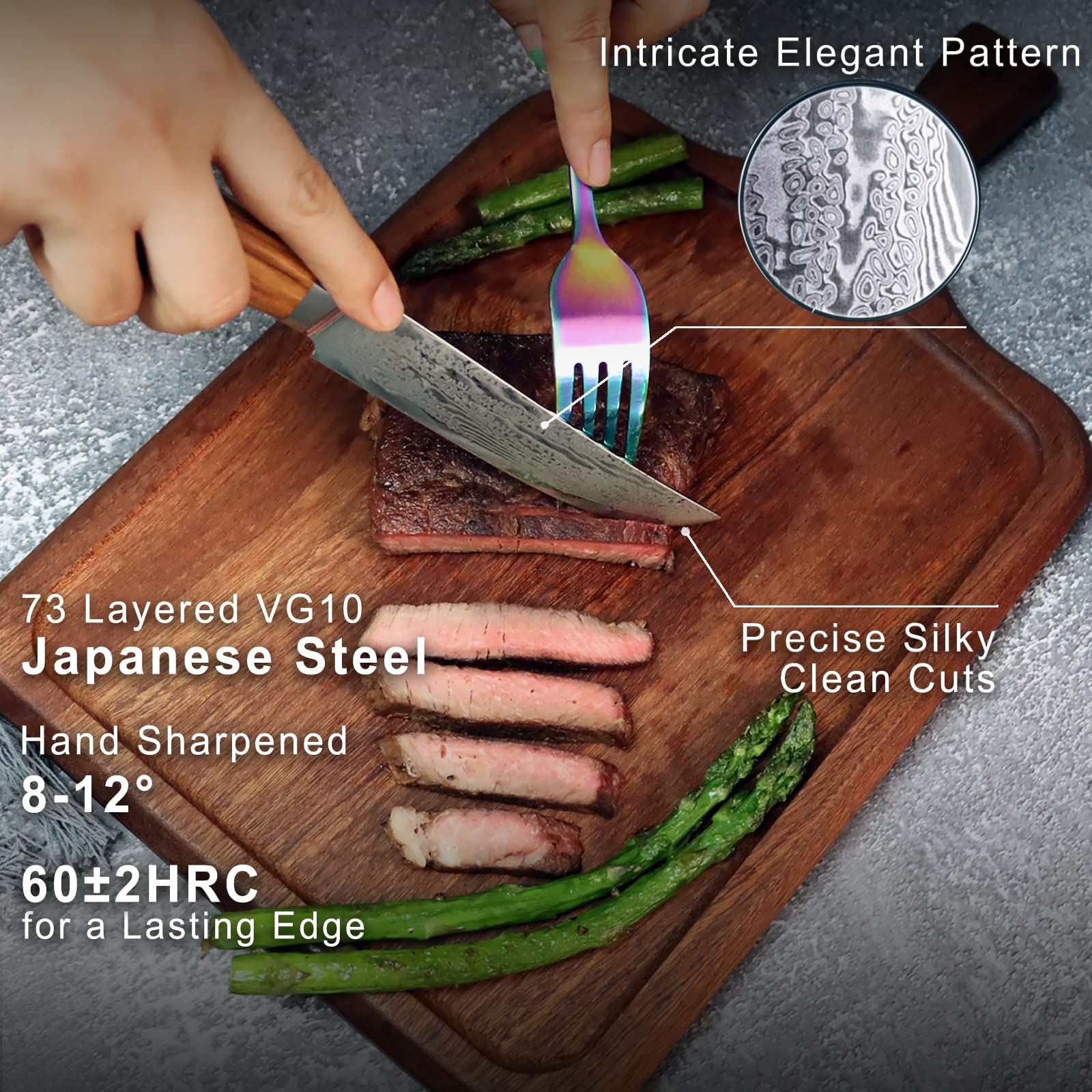 Steak Knives Set of 6, Super Sharp 5" Non-serrated Japanese Damascus Steel Steak Knife with Full-Tang Ergonomic Olive Wood Handle