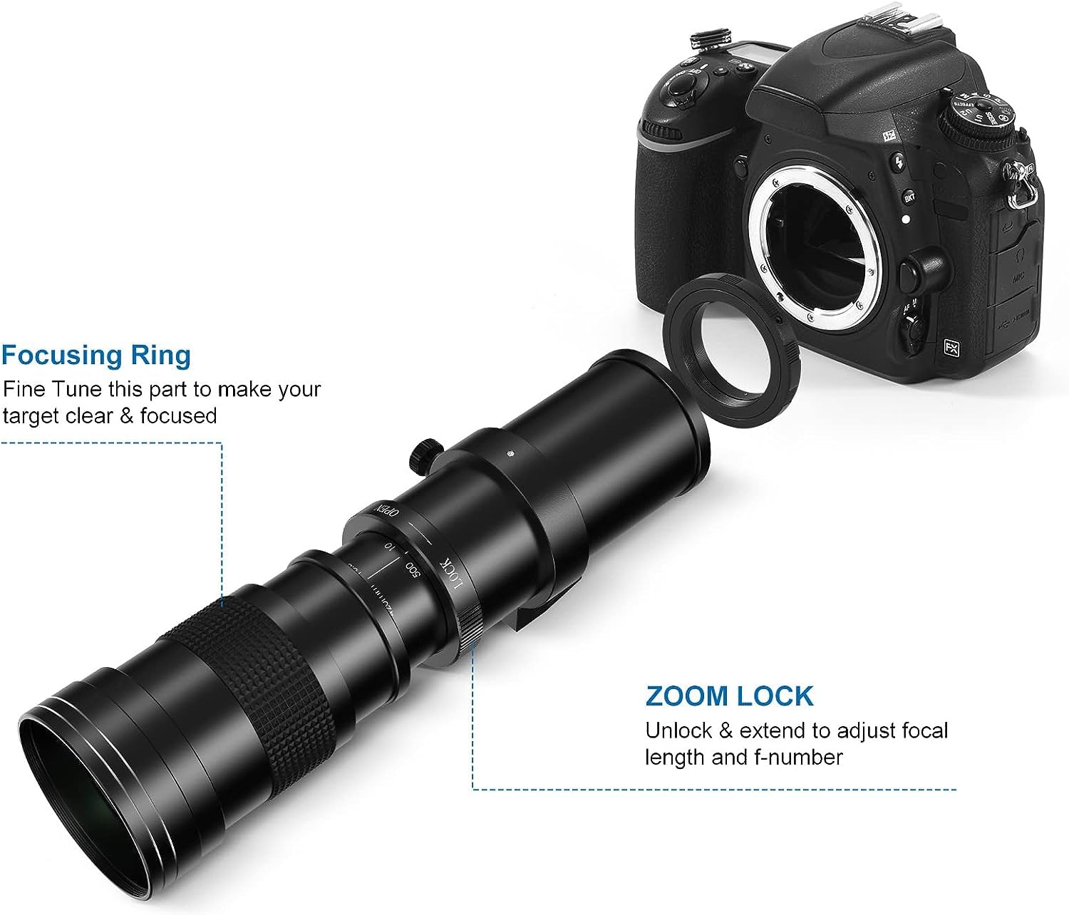 500mm/1000mm f/8 Manual Telephoto Lens for Canon EOS 80D, EOS 90D, Rebel T3, T3i, T5, T5i, T6i, T6s, T7, T7I, T8I, SL3, EOS 60D, EOS 70D, EOS 5D, EOS5D IV, EOS 6D II, EOS 7D II SLR Cameras