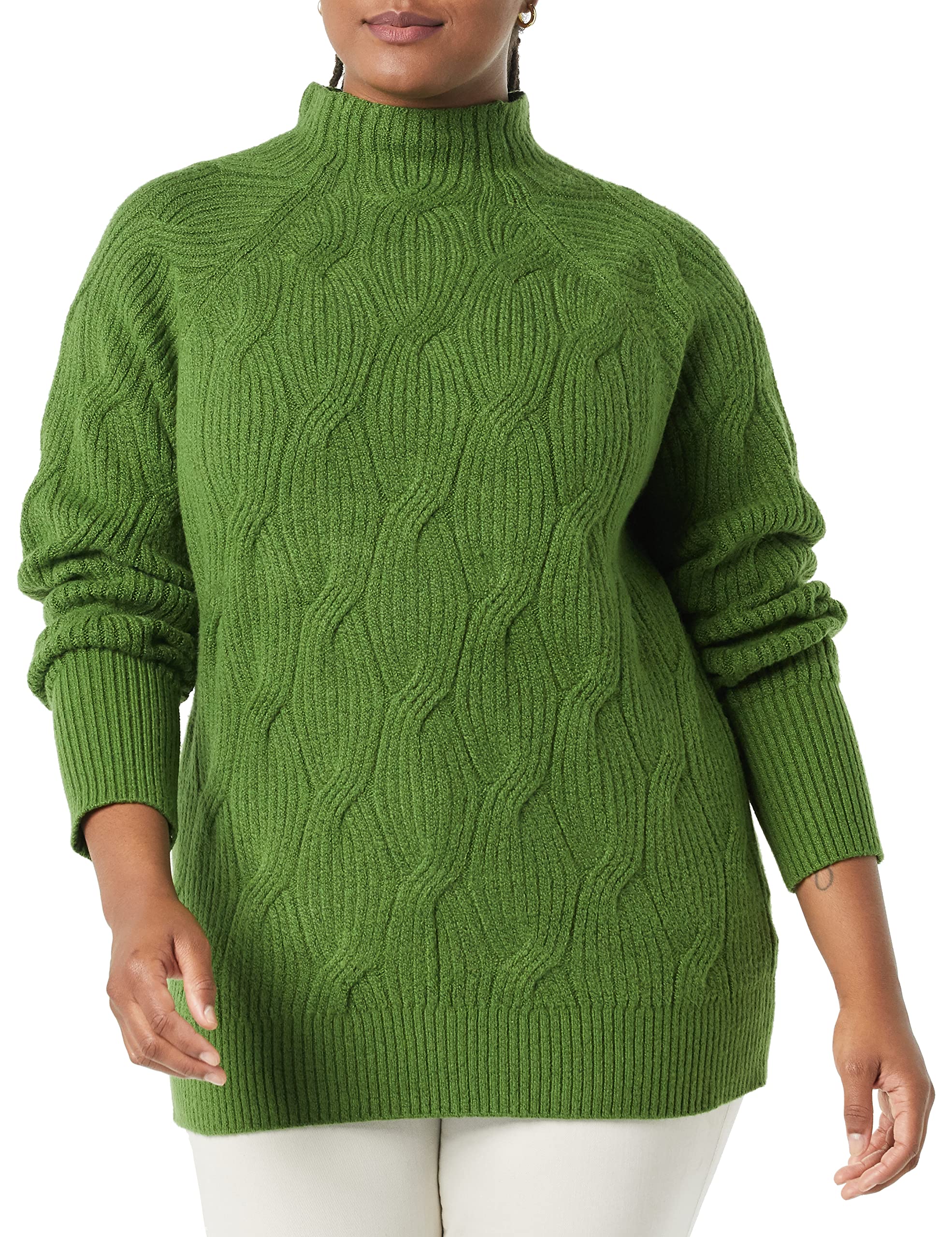 Amazon Essentials Women's Winter Sweater, Soft Touch Funnel Neck Cable Knit, Green, Medium