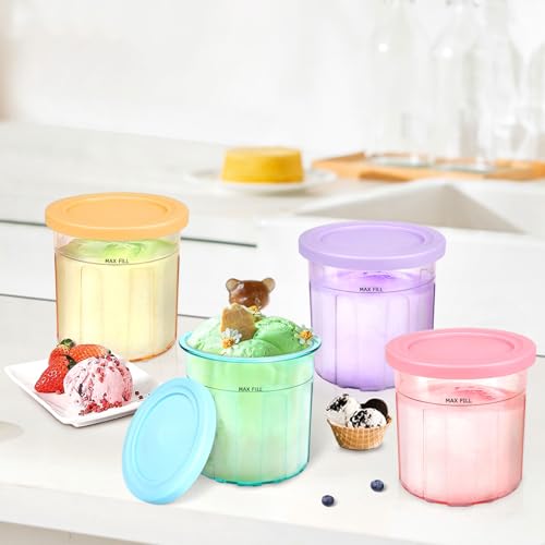 FIRJOY 16 oz. Containers | Extra Replacement Pints and Lids - Compatible with Ninja Creami NC301 NC300 NC299AMZ Series ONLY (4 Pack - Purple, Pink, Green, Yellow)