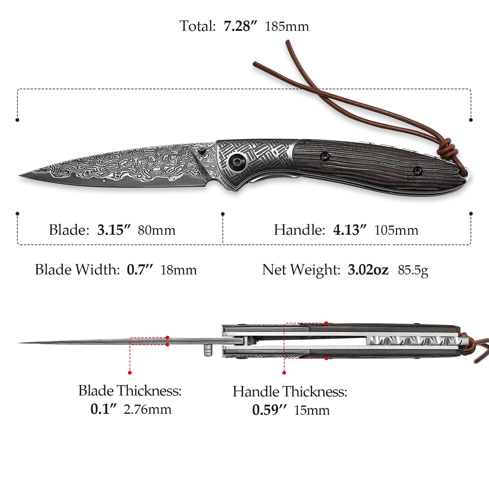 TRIVISA 3.15" Handmade Damascus Folding Pocket Knife,EDC Knives Gift for Men,Tree Texture Ebony wood Handle,Ceramic Bearings,Thumb Stud, Steel Bolster, Liner Lock.Piscis Austrinus-01E