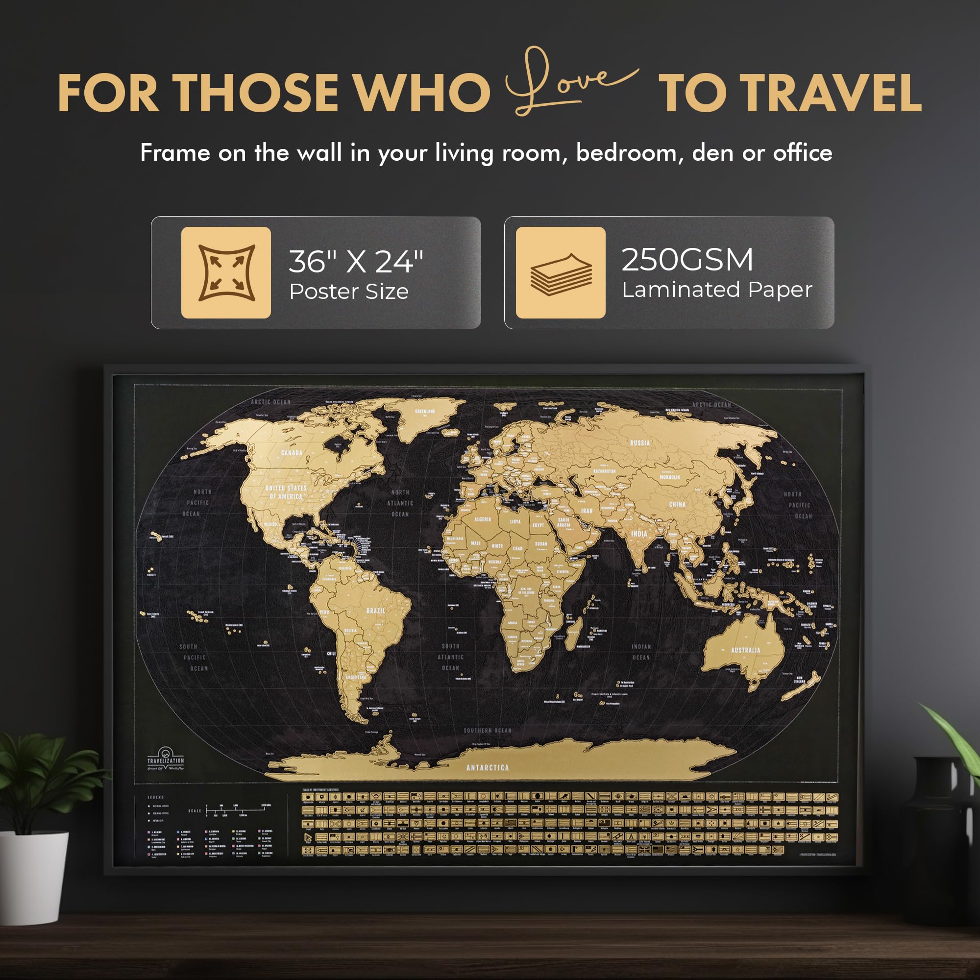 XL Scratch Off Map of The World with Flags - 36 x 24 Easy to Frame Scratch Off World Map Wall Art Poster with US States & Flags - Deluxe World Map Scratch Off Travel Map Designed for Travelers