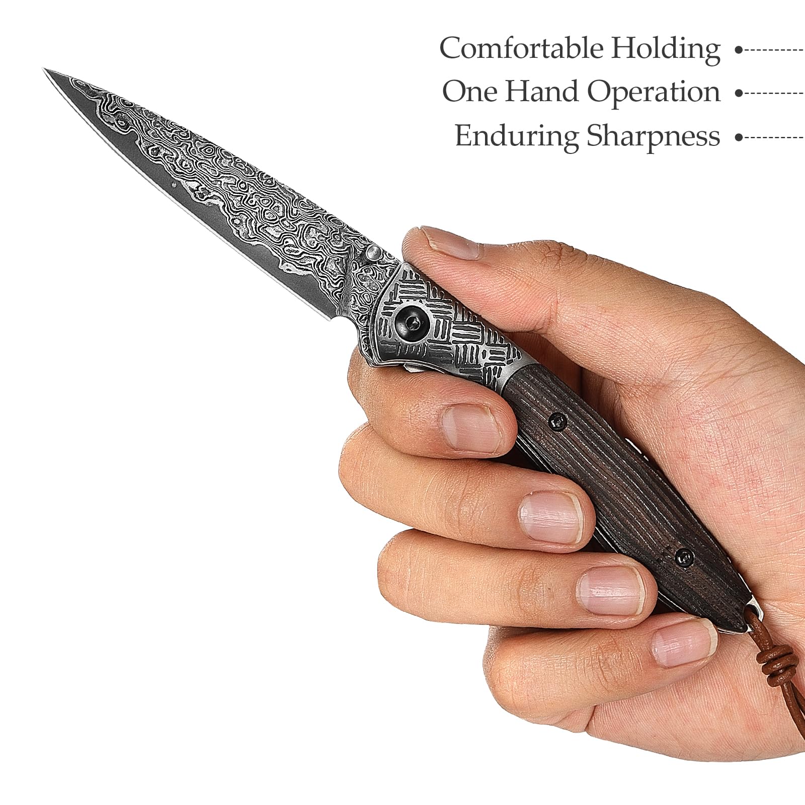 TRIVISA 3.15" Handmade Damascus Folding Pocket Knife,EDC Knives Gift for Men,Tree Texture Ebony wood Handle,Ceramic Bearings,Thumb Stud, Steel Bolster, Liner Lock.Piscis Austrinus-01E