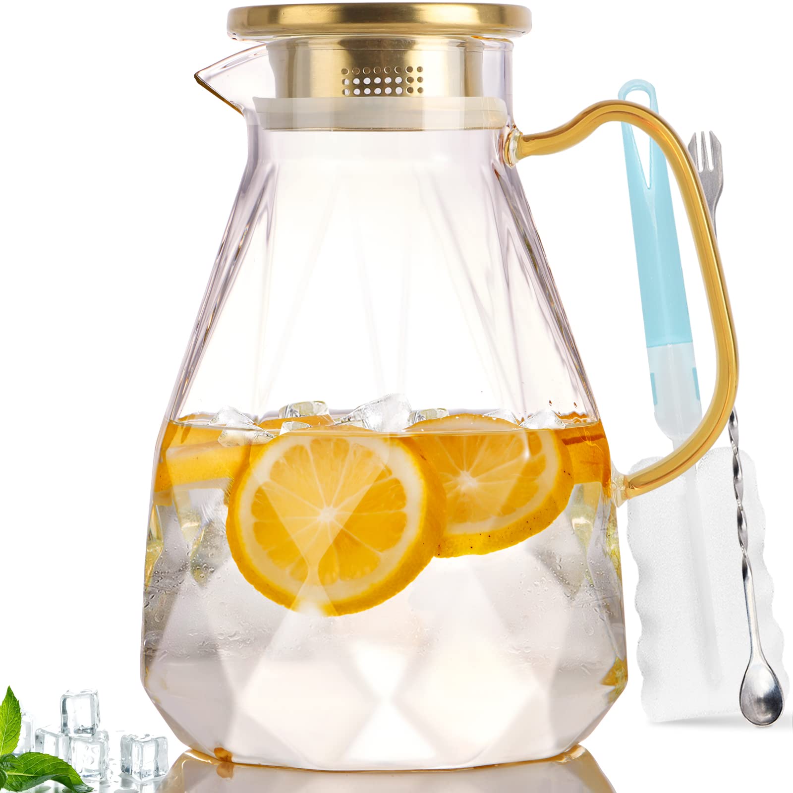 Yirilan Glass Pitcher,74oz/2.2 Liter Water Pitcher with Lid,Beverage Serveware,Iced Tea Pitcher,Water Carafe with Handle,Heat Resistant Borosilicate Water Glass Jug(with Mixing Spoon and Cup Brush)