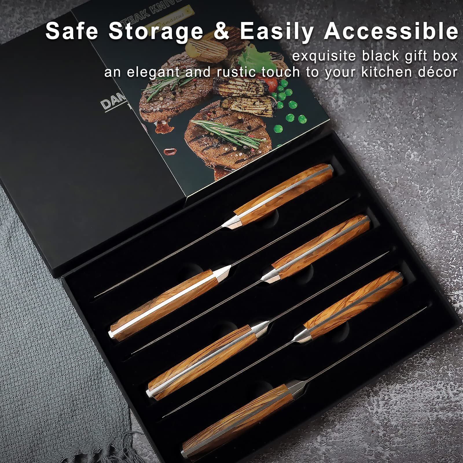 Steak Knives Set of 6, Super Sharp 5" Non-serrated Japanese Damascus Steel Steak Knife with Full-Tang Ergonomic Olive Wood Handle