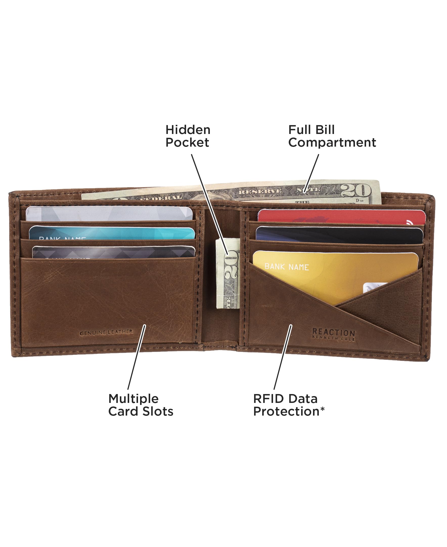 Kenneth Cole Men's Leather Bifold Wallet, Tan, One Size