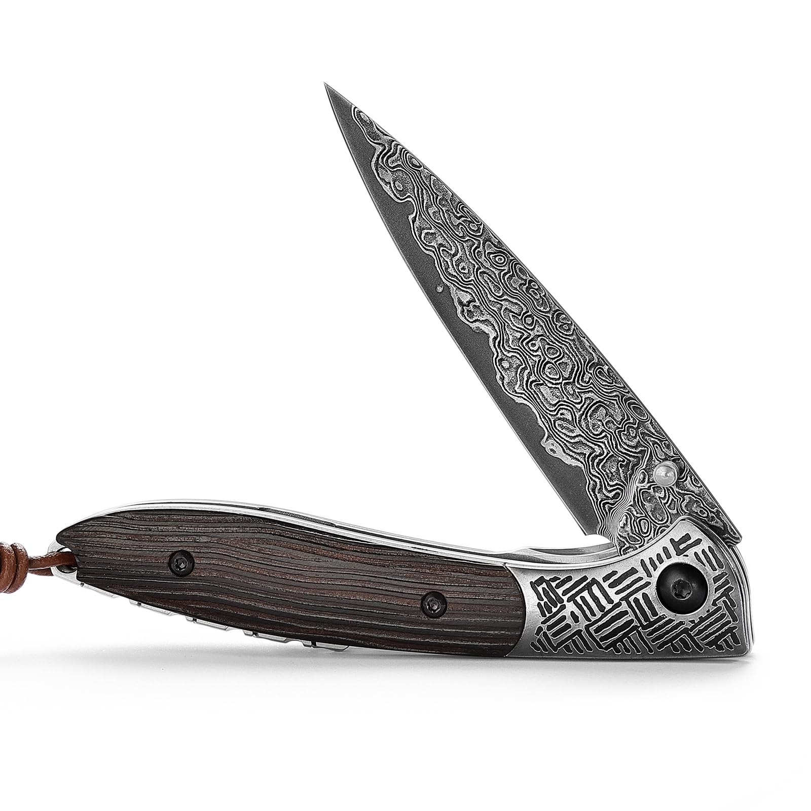 TRIVISA 3.15" Handmade Damascus Folding Pocket Knife,EDC Knives Gift for Men,Tree Texture Ebony wood Handle,Ceramic Bearings,Thumb Stud, Steel Bolster, Liner Lock.Piscis Austrinus-01E