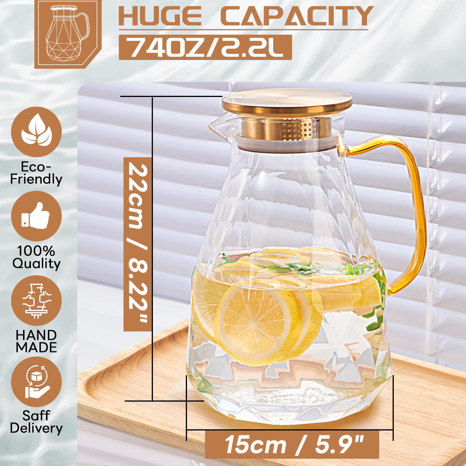 Yirilan Glass Pitcher,74oz/2.2 Liter Water Pitcher with Lid,Beverage Serveware,Iced Tea Pitcher,Water Carafe with Handle,Heat Resistant Borosilicate Water Glass Jug(with Mixing Spoon and Cup Brush)