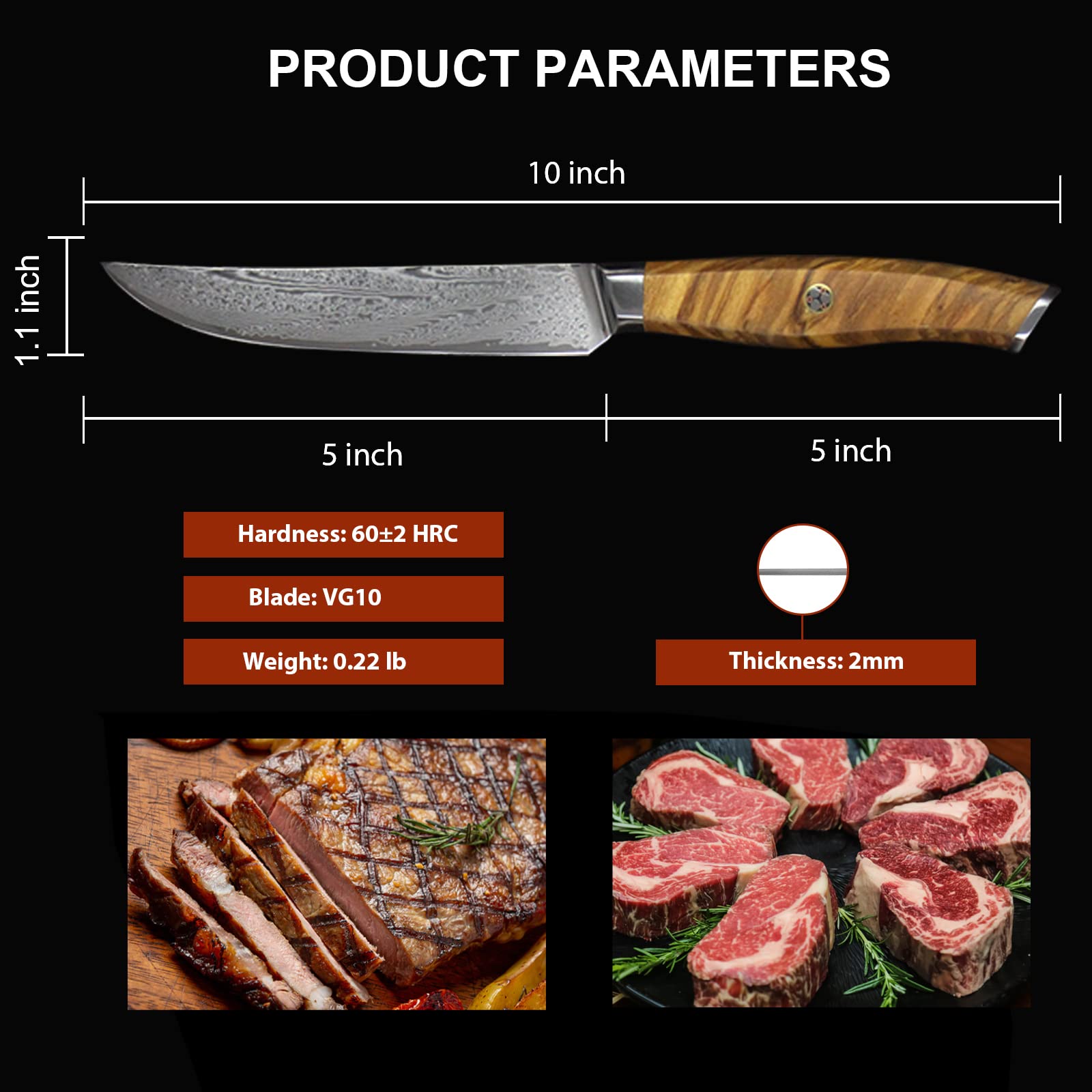 Steak Knives Set of 6, Super Sharp 5" Non-serrated Japanese Damascus Steel Steak Knife with Full-Tang Ergonomic Olive Wood Handle