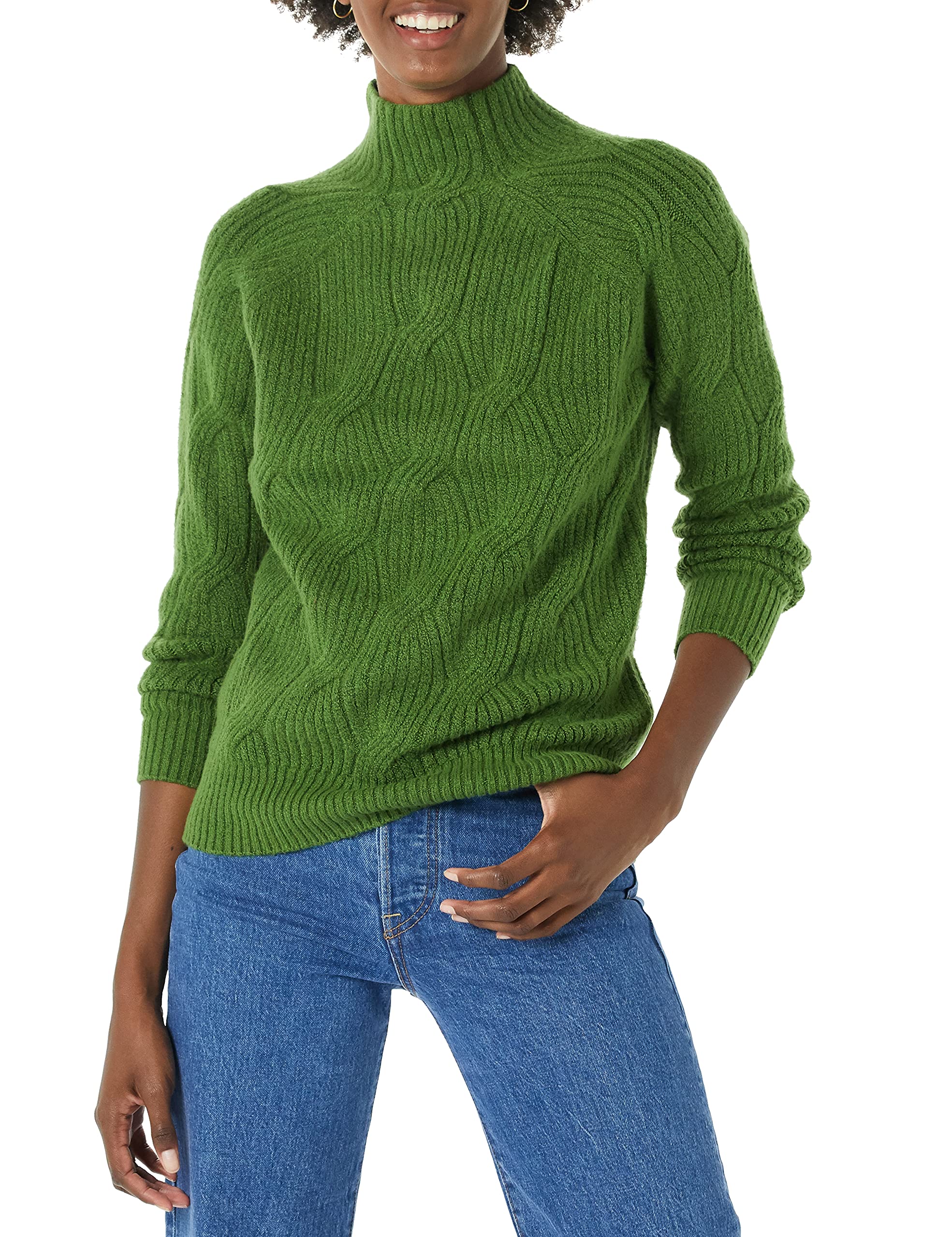 Amazon Essentials Women's Winter Sweater, Soft Touch Funnel Neck Cable Knit, Green, Medium