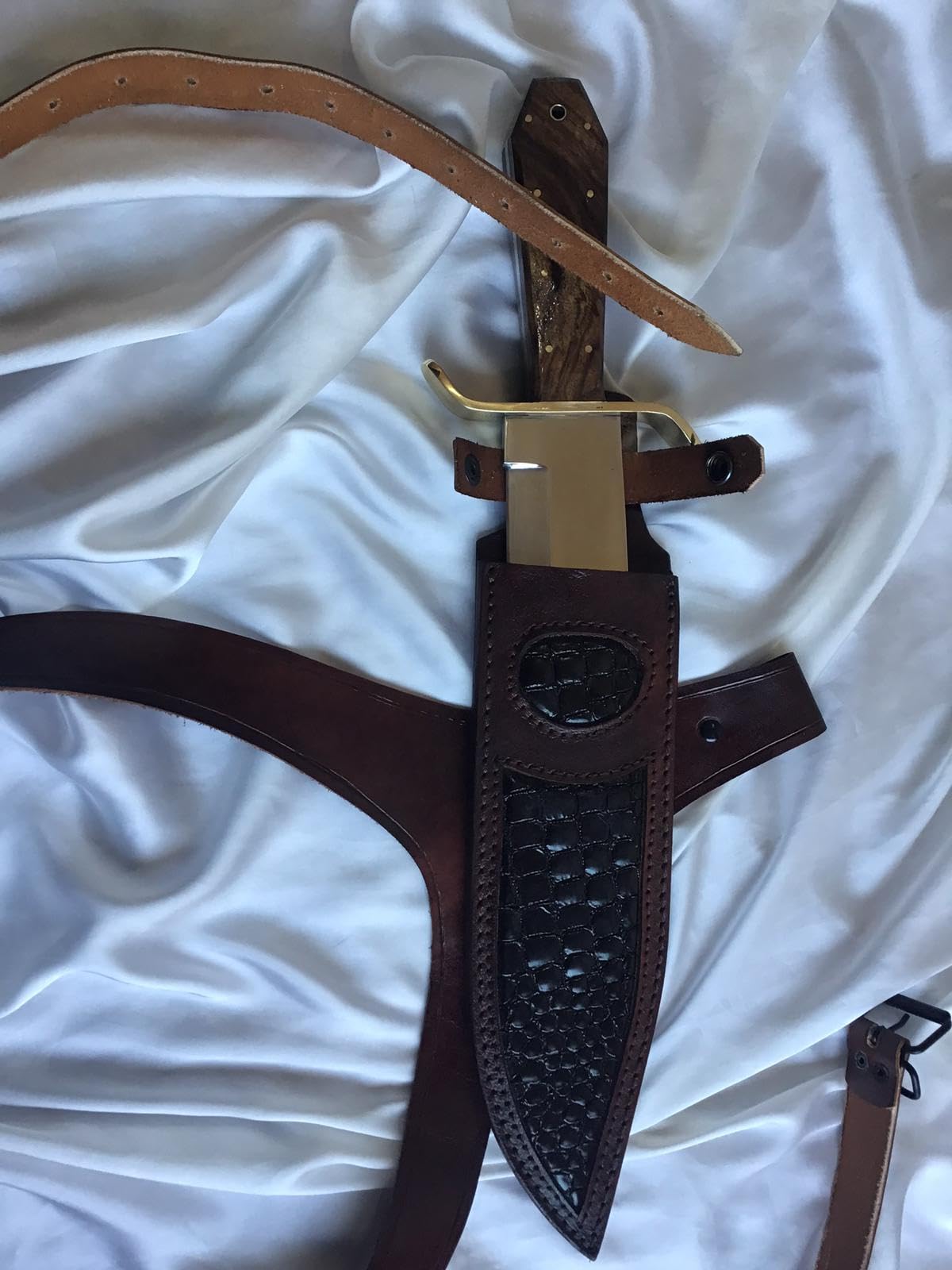 Hunter's Edge 14'' Fixed Blade Gold Rush Bowie Knife,12C27M Stainless Steel, Wood Handle, Leather Sheath with chest Belt