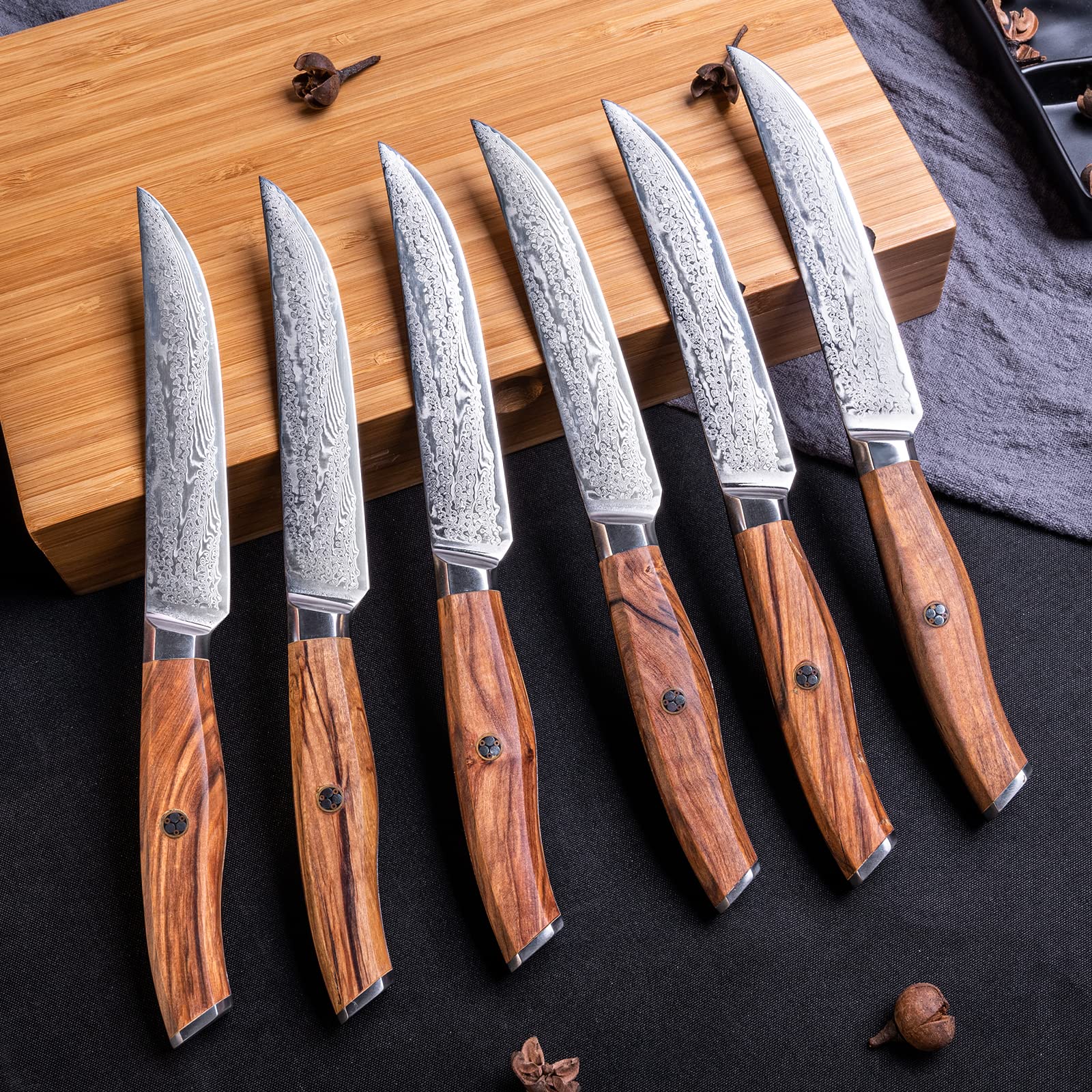 Steak Knives Set of 6, Super Sharp 5" Non-serrated Japanese Damascus Steel Steak Knife with Full-Tang Ergonomic Olive Wood Handle