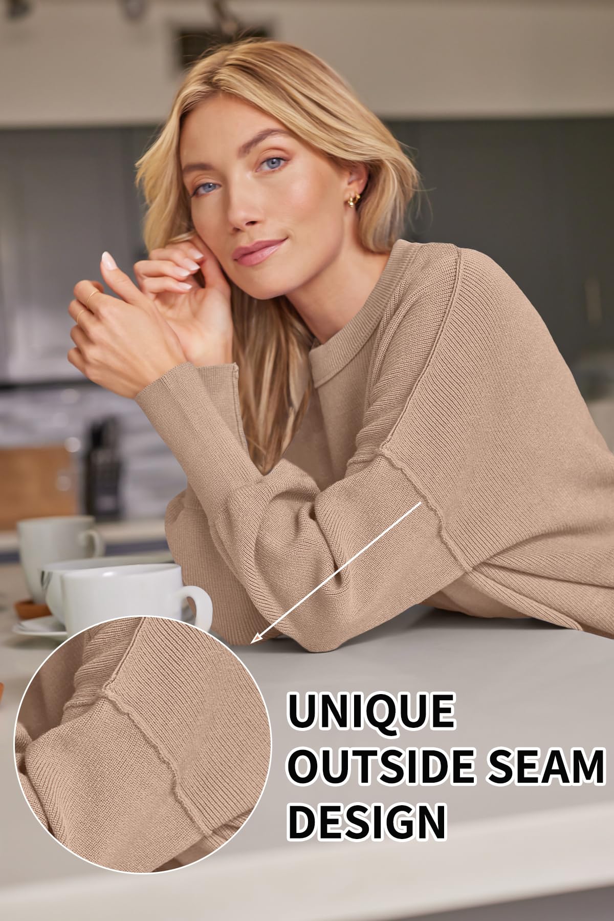 LILLUSORY Women's Oversized Batwing Sweaters 2024 Fall Outfits Crewneck Ribbed Knit Side Slit Trendy Pullover Tops DarkApricot M