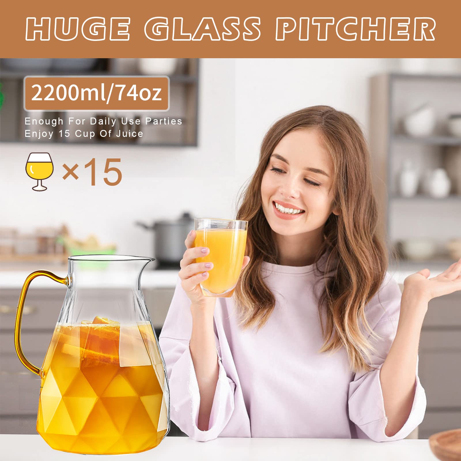 Yirilan Glass Pitcher,74oz/2.2 Liter Water Pitcher with Lid,Beverage Serveware,Iced Tea Pitcher,Water Carafe with Handle,Heat Resistant Borosilicate Water Glass Jug(with Mixing Spoon and Cup Brush)