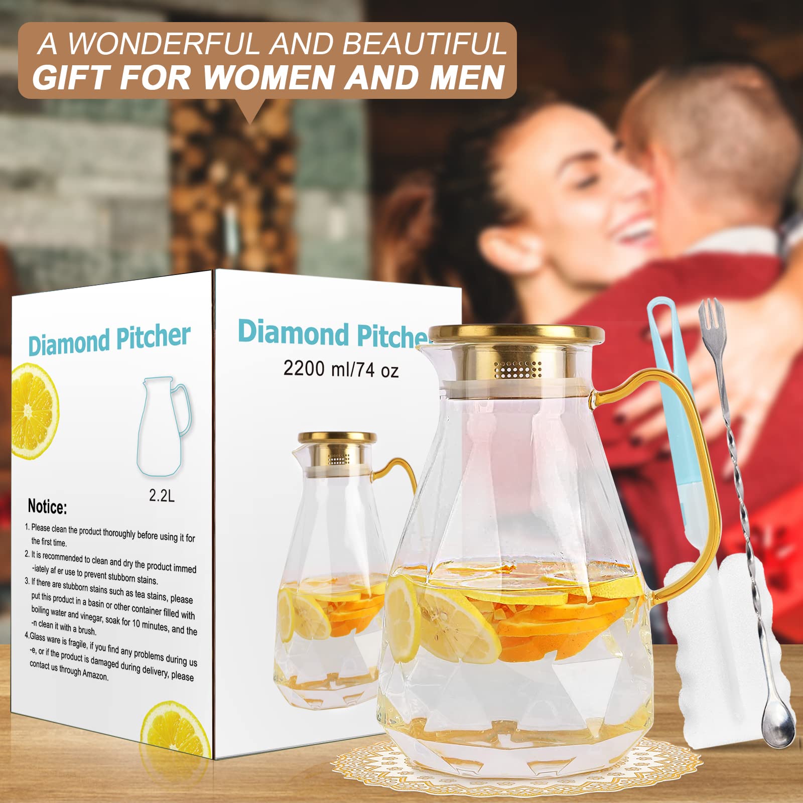 Yirilan Glass Pitcher,74oz/2.2 Liter Water Pitcher with Lid,Beverage Serveware,Iced Tea Pitcher,Water Carafe with Handle,Heat Resistant Borosilicate Water Glass Jug(with Mixing Spoon and Cup Brush)