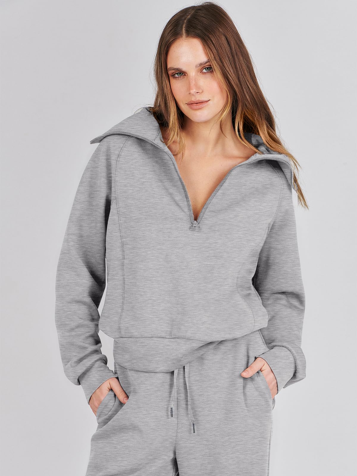 ANRABESS Women 2 Piece Outfits Sweatsuit Oversized Sweatshirt Sweatpants Tracksuit Sweat Lounge Matching Set 2025 Fall Trendy Light Grey X-Large